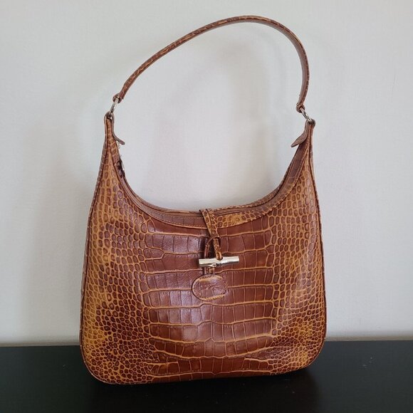 Longchamp | Bags | Nwot Longchamp Roseau Croc Embossed Brown Leather ...